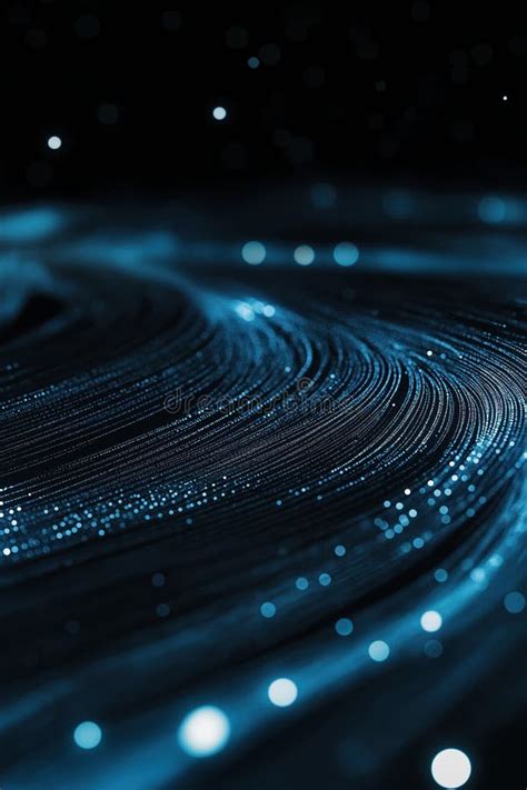 Blue Swirling Light Trails With Glowing Particles Against Dark Background Abstract Design Stock