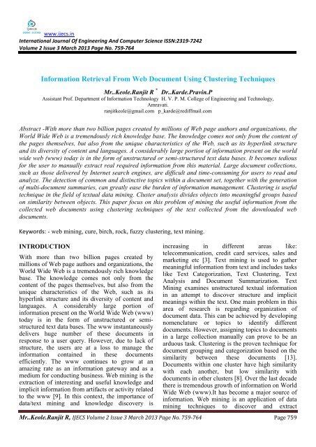 Information Retrieval From Web Document Using Clustering Ijecs