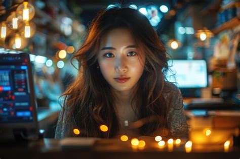 Asian Woman Software Developer Coding At Night With Flowchart On Asian Woman Software Developer Coding At Night With Flowchart On
