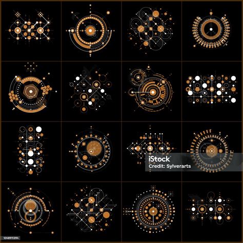 벡터 바우하우스 추상 배경 라인 그리드와 고 중복 기하학적 요소 서클의 집합입니다 레트로 삽화 광고 포스터에 대 한 기술 스타일