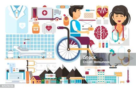벡터 흰색 배경에 고립 된 디자인 요소 의학 의료 환자 의료 보험 치료 질병 복구 의사 간호사 구급차 병원 약국 Polyclinic 플랫 스타일의 설정 건강관리와 의술에