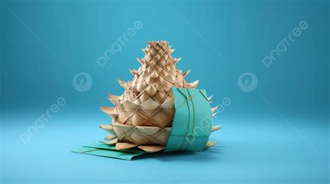 파란색 포장 테이프가 있는 종이접기 파인애플 밝은 파란색 배경의 상단 및 중앙 위치에 3d Ketupat 고화질 사진 사진 케투팟 배경 일러스트 및 사진 무료 다운로드