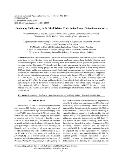 Pdf Combining Ability Analysis For Yield Related Traits In Sunflower