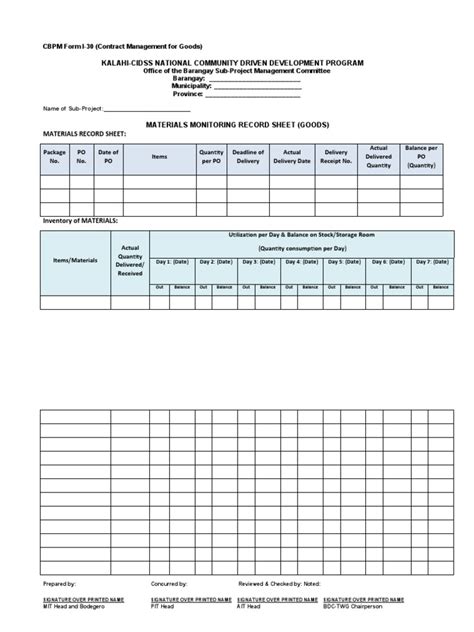 Materials Monitoring Record Sheet For Works Contract Pdf