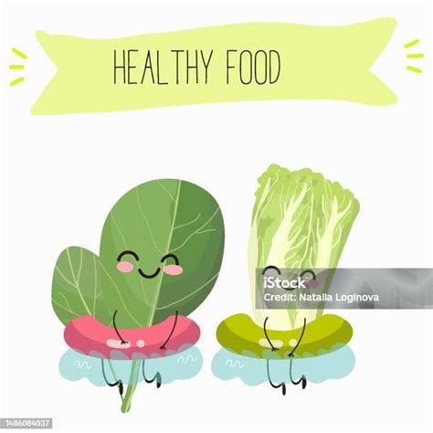 재미있는 캐릭터 배추 양상추 양배추 북경 시금치가 있는 삽화 재미 있고 건강한 음식 비타민 샐러드 귀여운 얼굴 음식 재료 채식주의자 벡터 만화 농업 가공의 인물에 대한 스톡