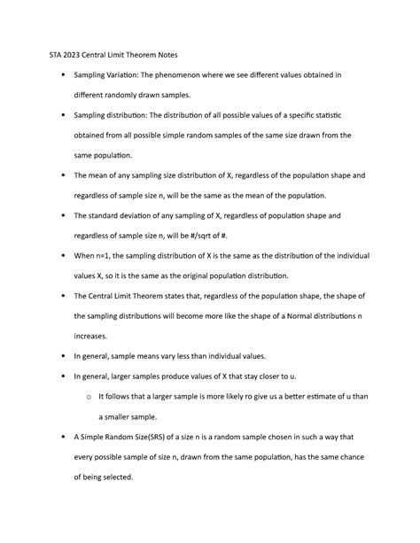 Sta 2023 Central Limit Theorem Notes Sampling Distribution The