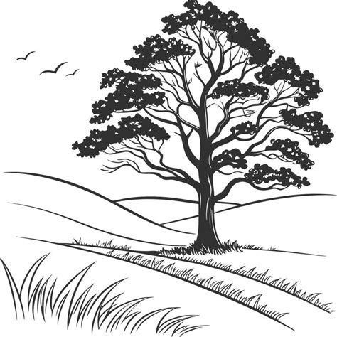 A Black And White Drawing Of A Tree In The Field 53222194 Vector Art At