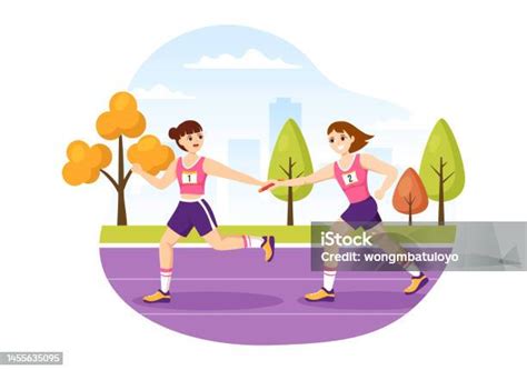 스포츠 선수권 대회 플랫 만화 손 그리기 템플릿에서 결승선에 도달할 때까지 팀원에게 배턴을 전달하여 릴레이 레이스 그림 2명에 대한 스톡 벡터 아트 및 기타 이미지 Istock