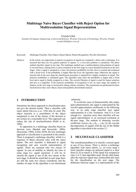 Pdf Multistage Naive Bayes Classifier With Reject Option For