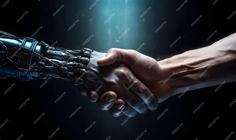 Robot Hand Touching Human Hand On Dark Background 3d Rendering