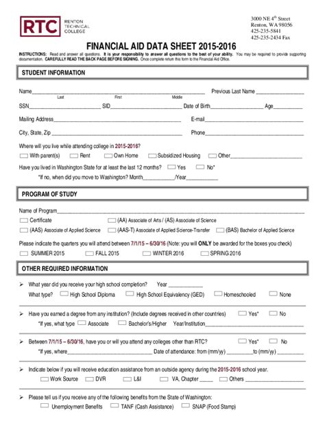 Fillable Online Rtc Data Sheet 15 16 Fax Email Print Pdffiller
