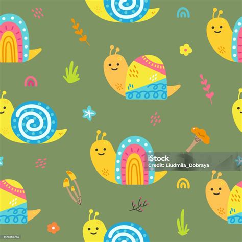 달팽이 무지개 버섯 꽃과 원활한 패턴입니다 직물 포장지 어린이 의류 섬유 벽지에 대 한 창조적 인 숲 질감 벡터 그림입니다 곤충에 대한 스톡 벡터 아트 및 기타 이미지