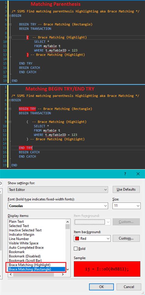 SSMS Find Matching Parenthesis Highlighting Feature Aka Brace Matching Half Broken How To Fix