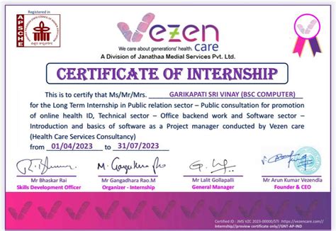 Internshipsuccess Vezencare Sri Vinay Garikapati
