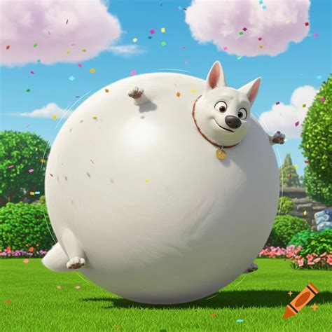 A Cartoon White Dog Bolt Inflated Like A Giant Balloon Floats Over