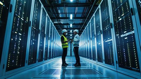 Two Engineers Having A Discussion In The Brightly Illuminated Aisle Of