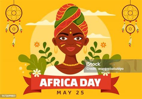 5월 25일 해피 아프리카의 날 문화 아프리카 부족 인물이 웹 배너 또는 랜딩 페이지 템플릿을 위해 손으로 그린 평면 만화 그림 Africa Day에 대한 스톡 벡터 아트