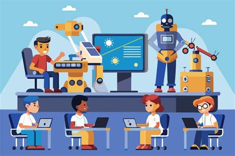Premium Vector Students Programming Swarm Robotics In Robotics Lab Illustration