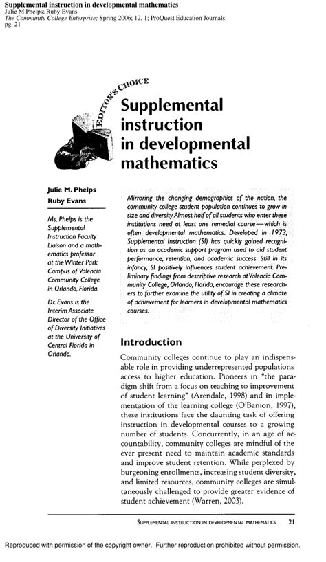 Pdf Supplemental Instruction In Developmental Mathematics