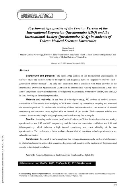 Pdf Psychometric Properties Of The Persian Version Of The International Depression
