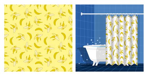 욕조와 커튼이 있는 욕실 내부는 껍질을 벗긴 달콤하고 잘 익은 바나나로 이음매 없는 패턴으로 장식되어 있습니다 열대 과일 수확