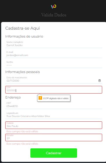 GitHub Danielsjordao Validacao Formulario Js