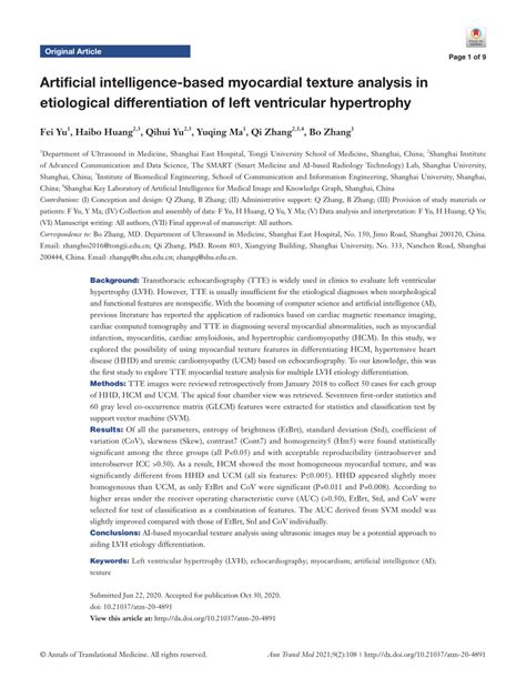 Pdf Artificial Intelligence Based Myocardial Texture Analysis In Etiological Differentiation
