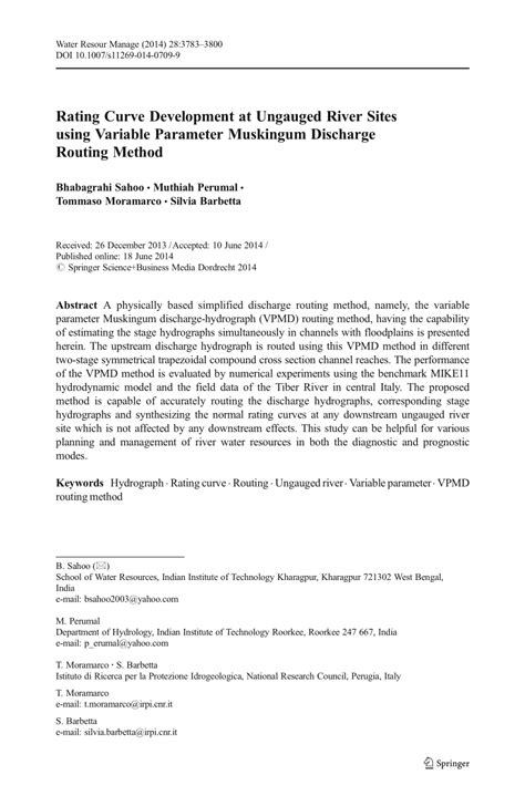 Pdf Rating Curve Development At Ungauged River Sites Using Variable Parameter Muskingum