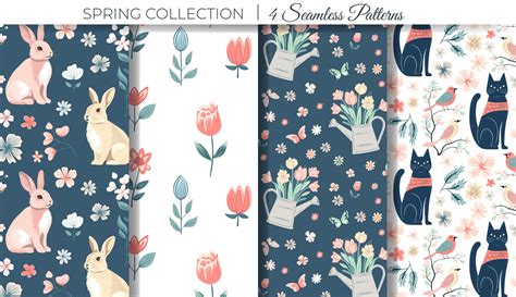 Spring Seamless Patterns Set Of Spring Background With Bunny Watering Can And Cat Easter