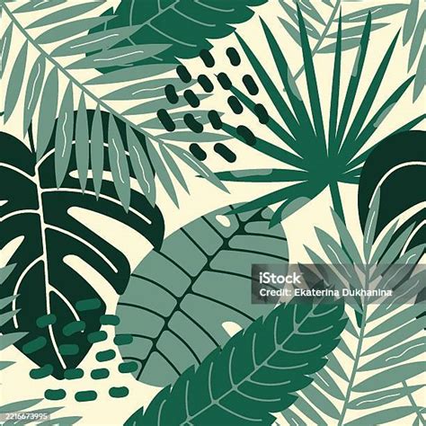 완벽 한 열대 야자수 잎 패턴 직물 섬유 및 패션 디자인 가벼운 배경에 몬스테라와 바나나 잎 벡터 일러스트 레이 션 0명에 대한 스톡 벡터 아트 및 기타 이미지 Istock