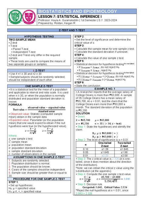 LESSON BIOE BIOSTATISTICS AND EPIDEMIOLOGY LESSON STATISTICAL INFERENCE I Professor