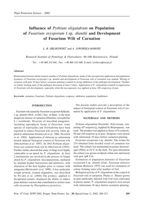 Pdf Influence Of Pythium Oligandrum On Population Of Fusarium