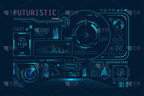 未来hud Ui的应用程序。用户界面hud和信息图表元素，虚拟图形，模拟，图形，图标设置，增强现实和