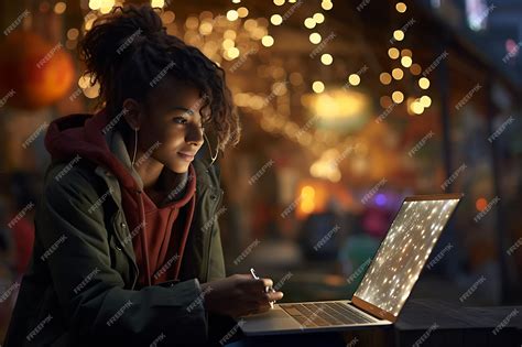 Premium Ai Image A Girl Programming On A Battered Netbook Ambitious And Tenac Digital Native