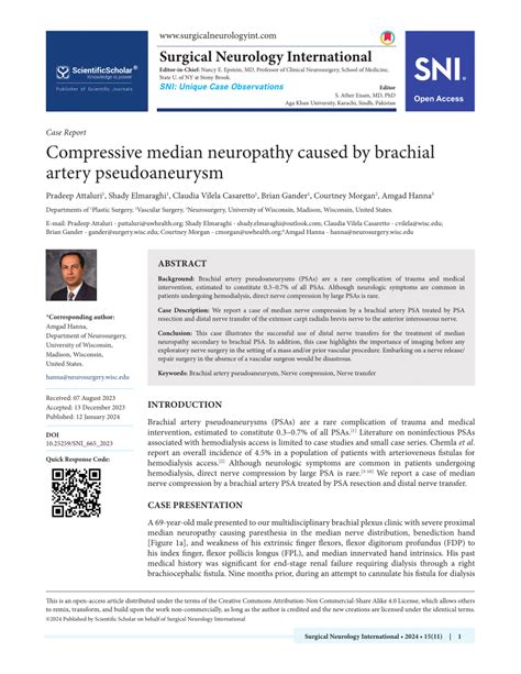 Pdf Compressive Median Neuropathy Caused By Brachial Artery Pseudoaneurysm