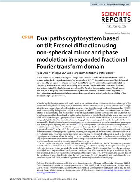 Pdf Dual Paths Cryptosystem Based On Tilt Fresnel Diffraction Using Non Spherical Mirror And