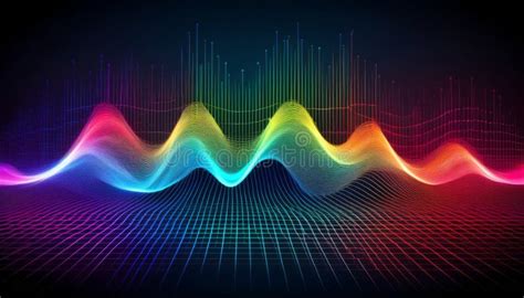 Fluctuating Vibrant Glowing Digital Waveforms On A Black Grid