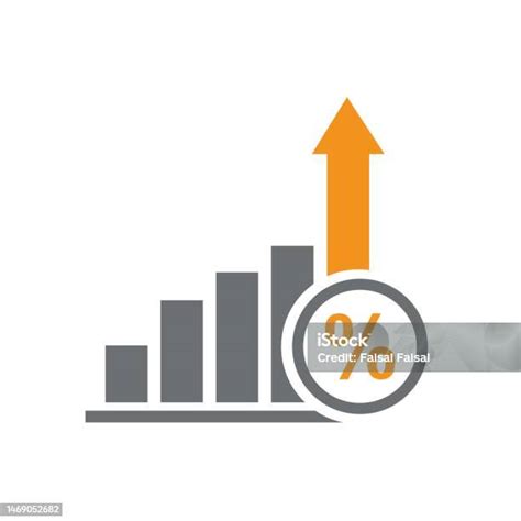상승 추세 막대 차트 퍼센트 기호와 노란색 위쪽 화살표 인플레이션 또는 세금 벡터 아이콘 그림 0명에 대한 스톡 벡터 아트 및