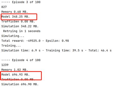 the memory usage of the model doubles after each episode of training