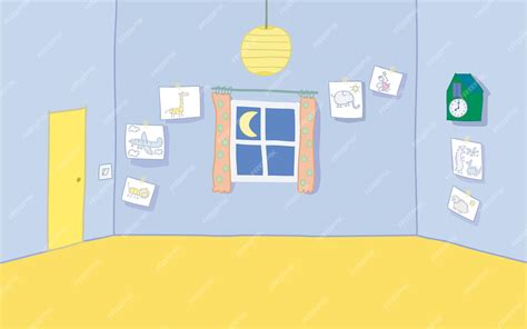 만화 인테리어 디자인으로 빈 침실 배경 그림 프리미엄 벡터