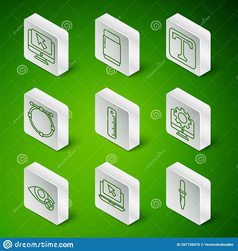 Set Line Pipette Laptop And Cursor Computer Monitor Ruler Circle With Bezier Curve Eraser