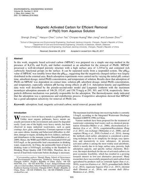 Pdf Magnetic Activated Carbon For Efficient Removal Of Pbii From Aqueous Solution