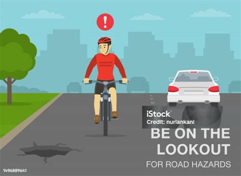 안전한 자전거 타기 규칙 및 팁 도로 위험에 주의하십시오 도로의 구멍을 보고 있는 자전거 타는 사람의 정면모습 도로 구멍에 대한 스톡 벡터 아트 및 기타 이미지 Istock