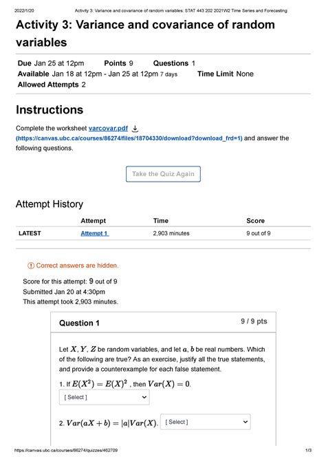 quiz activity 3 variance and covariance of random variables ubc