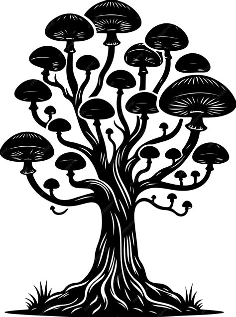 Mushroom Tree Vector Black Color Silhouette Premium Ai Generated Vector