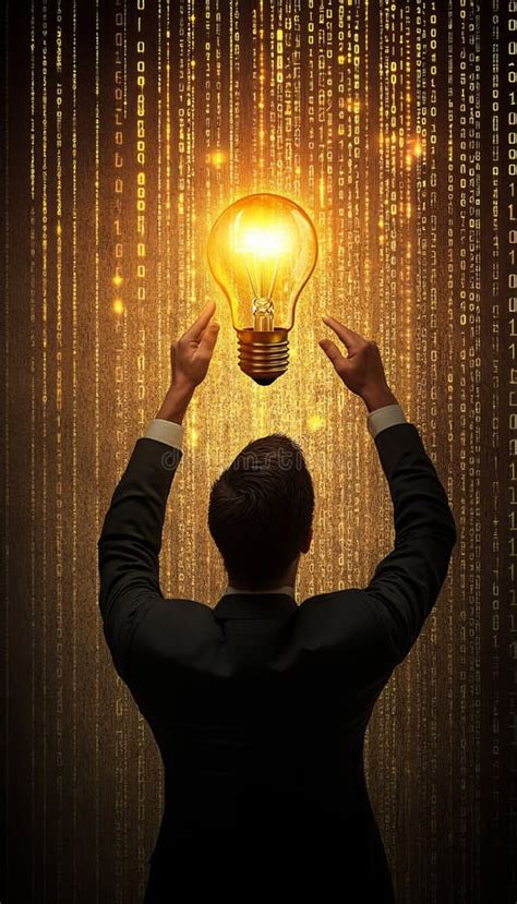 Businessman With Glowing Light Bulb And Binary Code Representing Ideas