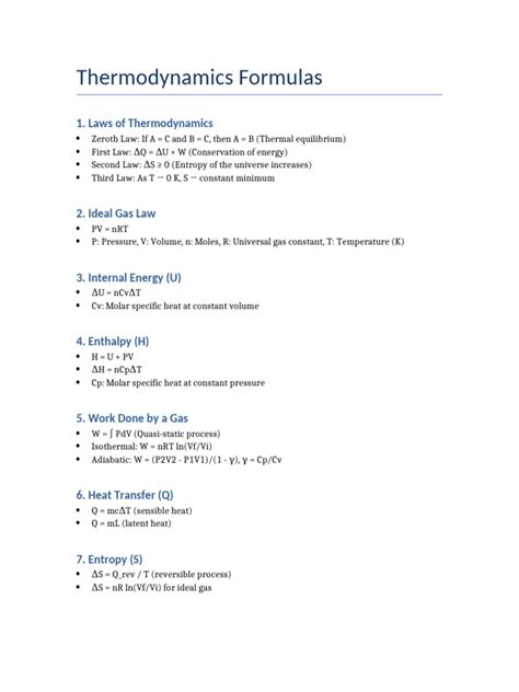 Thermodynamics Formulas Pdf