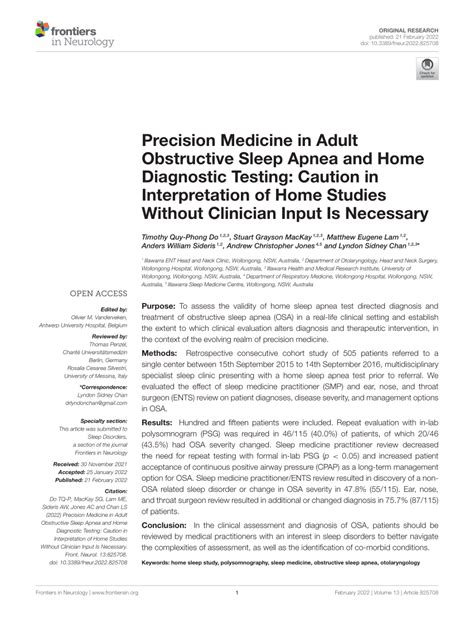 Pdf Precision Medicine In Adult Obstructive Sleep Apnea And Home Diagnostic Testing Caution