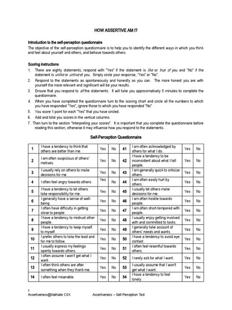 Assertiveness Self Perception Test With Answers Pdf Self Esteem