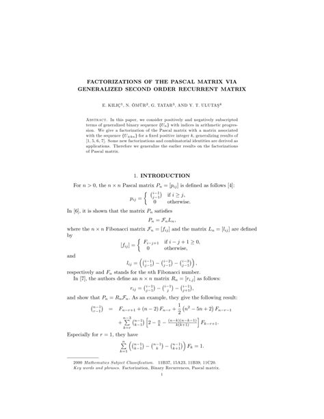 Pdf Factorizations Of The Pascal Matrix Via Generalized Second Order